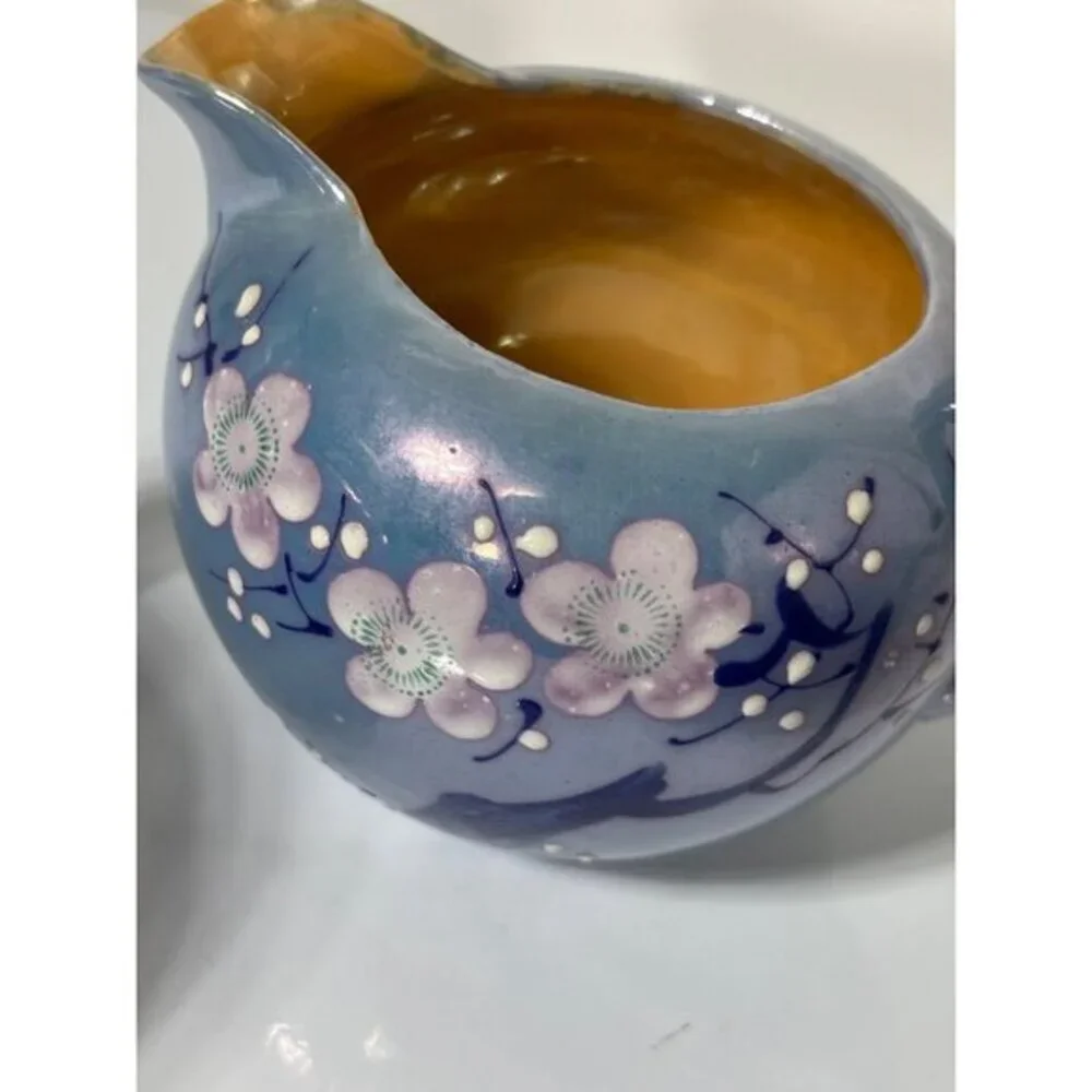 Dining | Vtg 3s Blue Ceramic Creamer Sugar Bowl Set Cherry Blossom ...